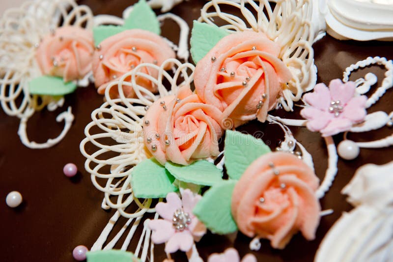 Big Beautiful Chocolate Cake Decorated with Decorative Flowers and Bead ...