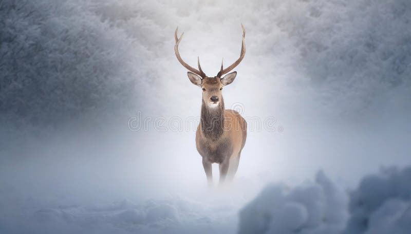A Big Beautiful Deer Emerges from the White Fog. Stock Image - Image of ...