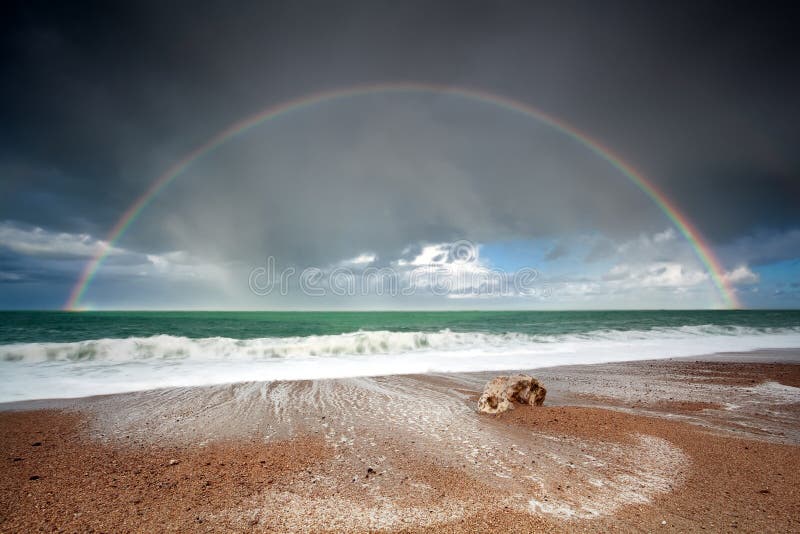 Big Beautiful Rainbow Over Ocean Waves Stock Image - Image of outside ...
