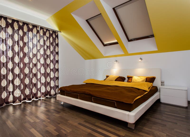 Big bed in modern bedroom stock image. Image of house - 44211421