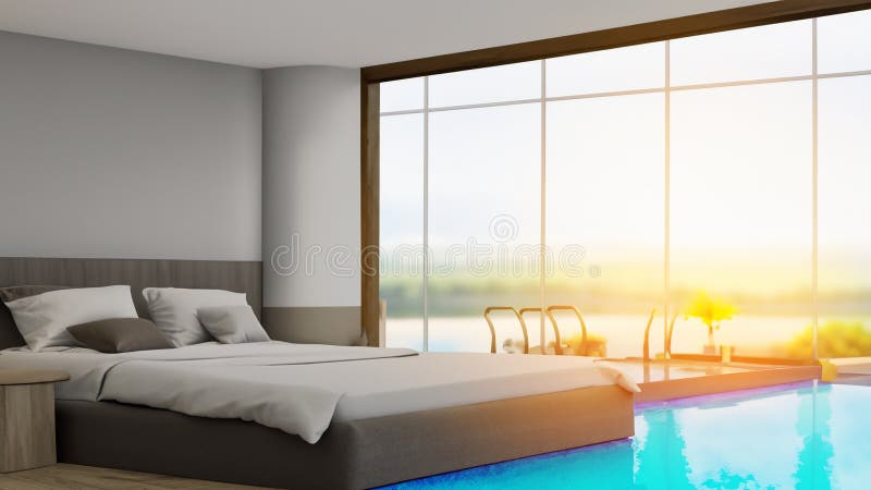 Big Bed Room with Swimming Pool. Generative AI Stock Illustration ...