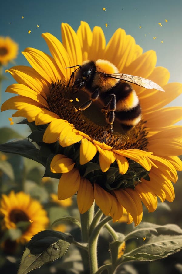 Big Bee and Yellow Sunflower Stock Illustration - Illustration of honey ...
