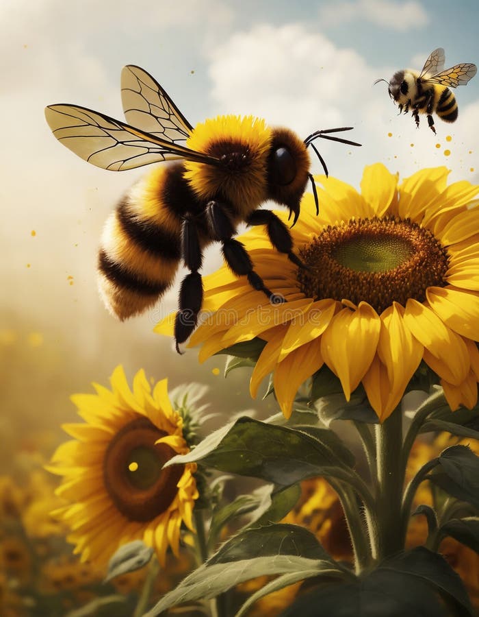 Big Bee and Yellow Sunflower Stock Illustration - Illustration of honey ...