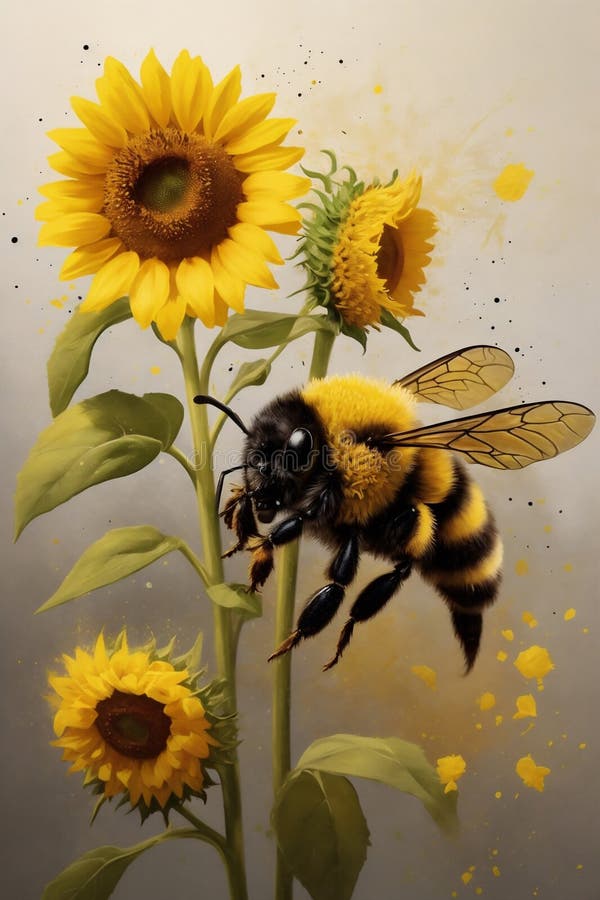 Big Bee and Yellow Sunflower Stock Illustration - Illustration of honey ...
