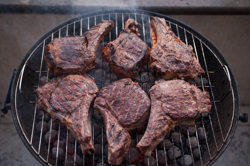 Big Beef Steaks on Bone Grilled Barbecue Stock Photo - Image of closeup ...