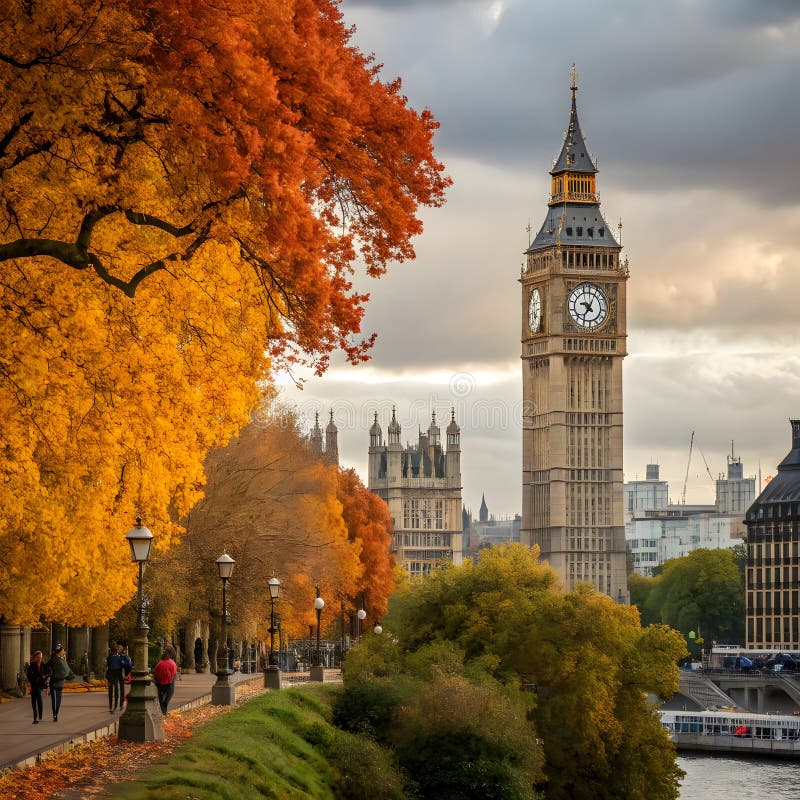 Big Ben with Autumn Leaves in London Stock Illustration - Illustration ...