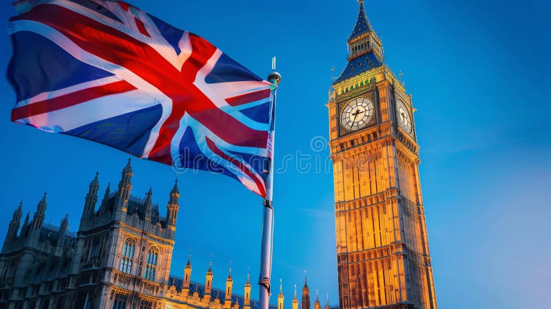 Big Ben Clock Tower and English Flag in London Stock Illustration ...