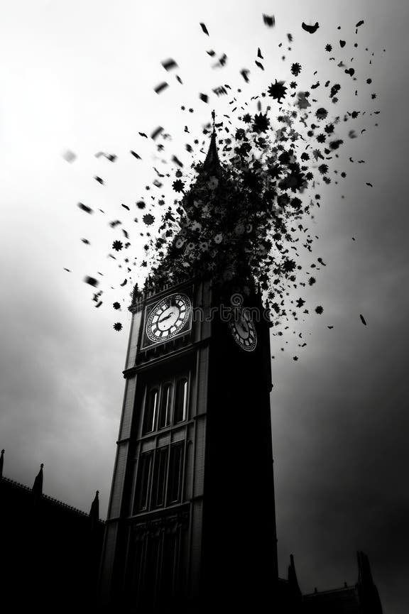 Big Ben Tower Disintegration with Exploding Clock Elements in Black and ...