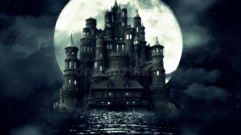 A Big Black Castle in the Middle of the Sea with a Rising Full Moon at ...