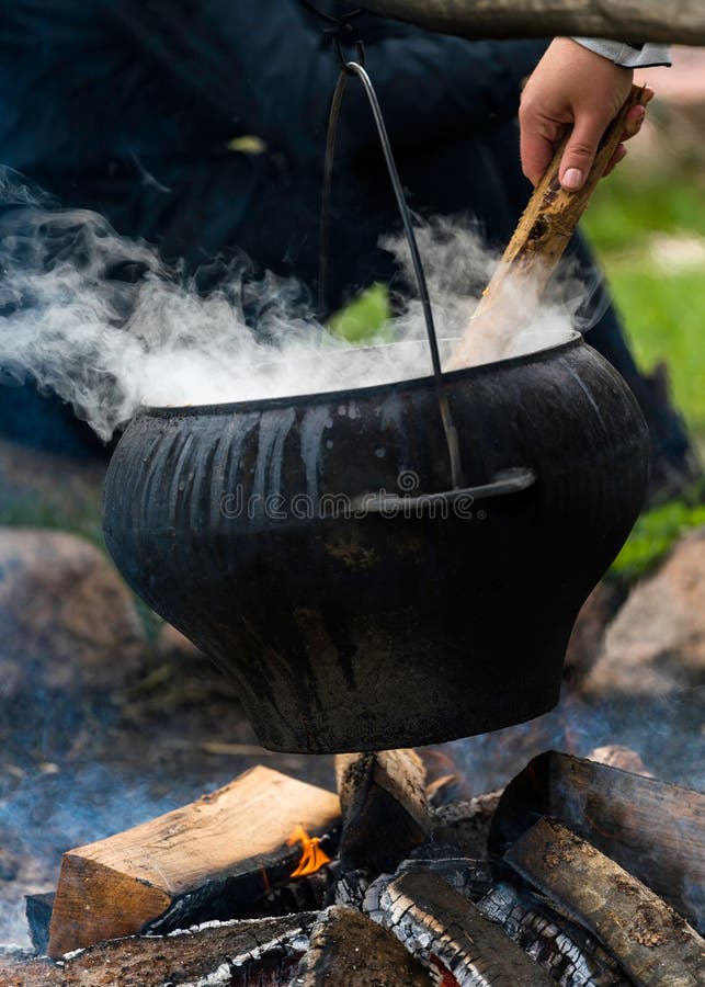Big Black Cooking Pot on Fire Outdoors Stock Image - Image of fuel ...