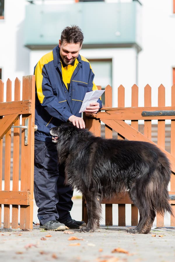 Big Black Dog Welcoming Postman at Garden Gate Stock Photo - Image of ...