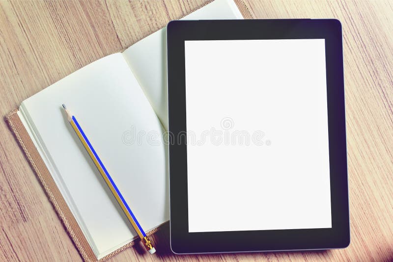 Big Black Empty Screen Tablet PC on Empty Plain Diary with Pencil Stock ...