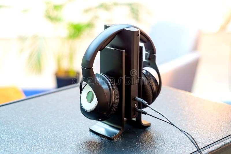 Big Black Headphones Standing on Table Stock Image - Image of concept ...