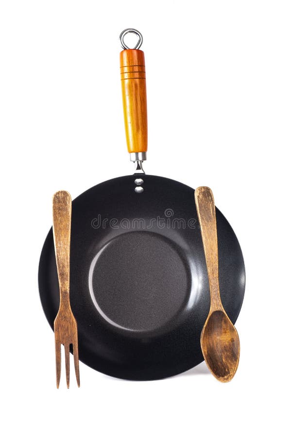 Big Black Wok for Cooking with Wooden Handle with Spoon and Fork on ...