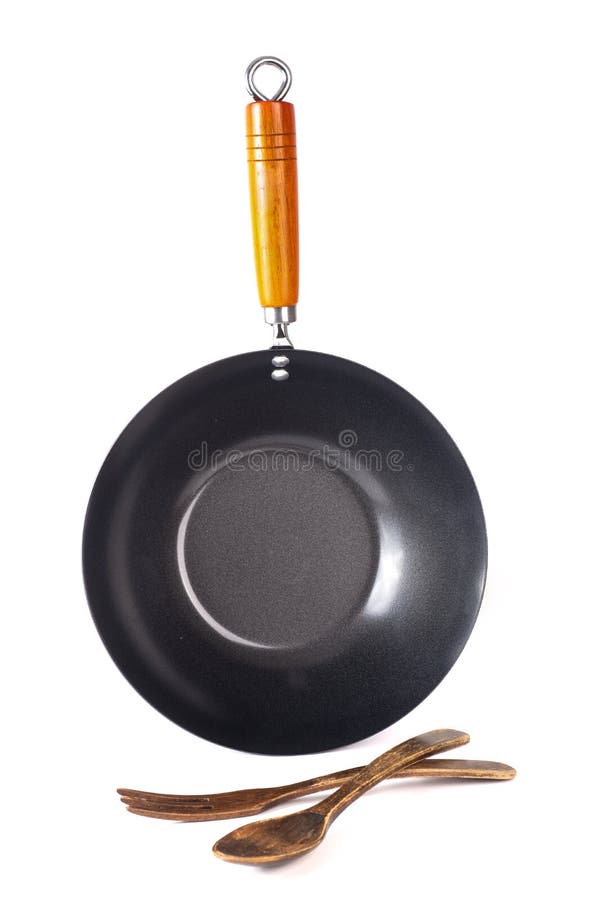 Big Black Wok for Cooking with Wooden Handle with Spoon and Fork on ...