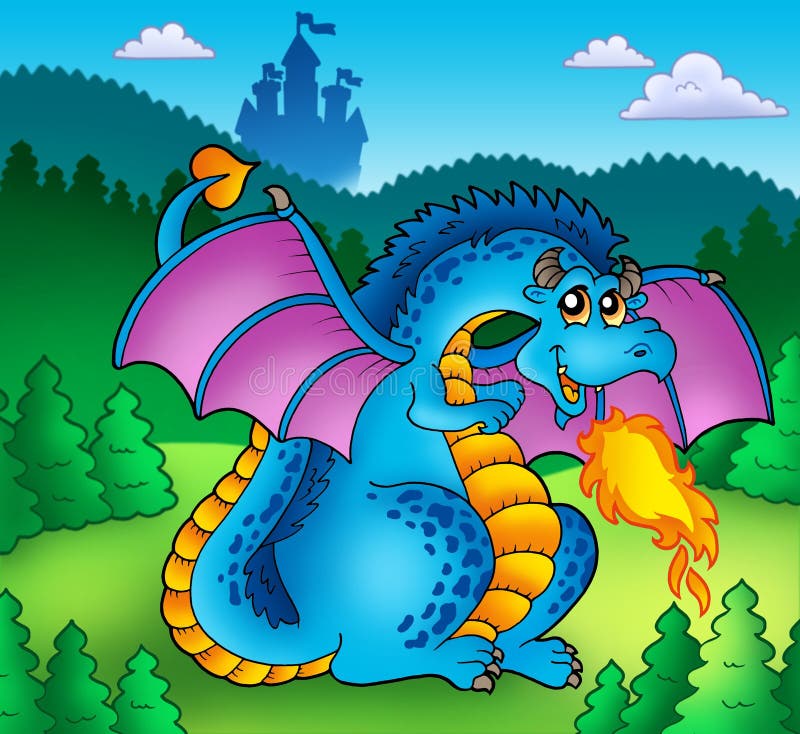 Big Blue Dragon with Medieval Castle Stock Illustration - Illustration ...