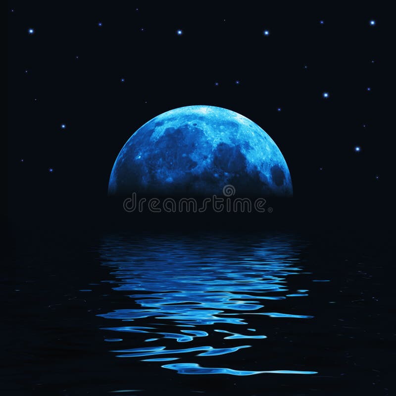 Big Blue Moon Reflected in Water Stock Illustration - Illustration of ...