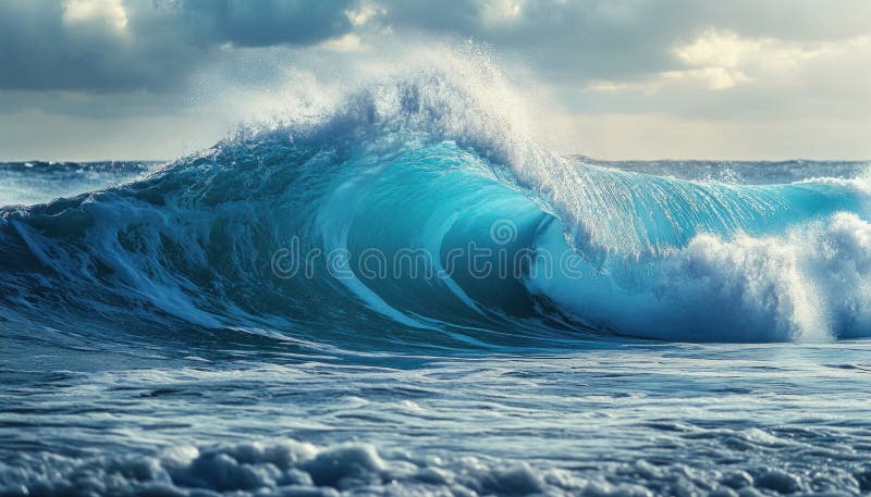 Big Blue Ocean Wave Curling and Breaking Under a Cloudy Sky Stock Image ...