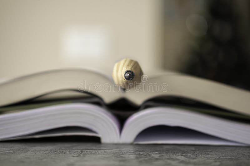 Big Blue Pencil on a Pile of Open Books Stock Image - Image of ...