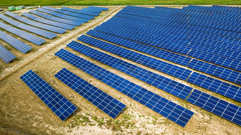 Big and Blue Solar Panels on Dry Field, Aerial View Stock Photo - Image ...