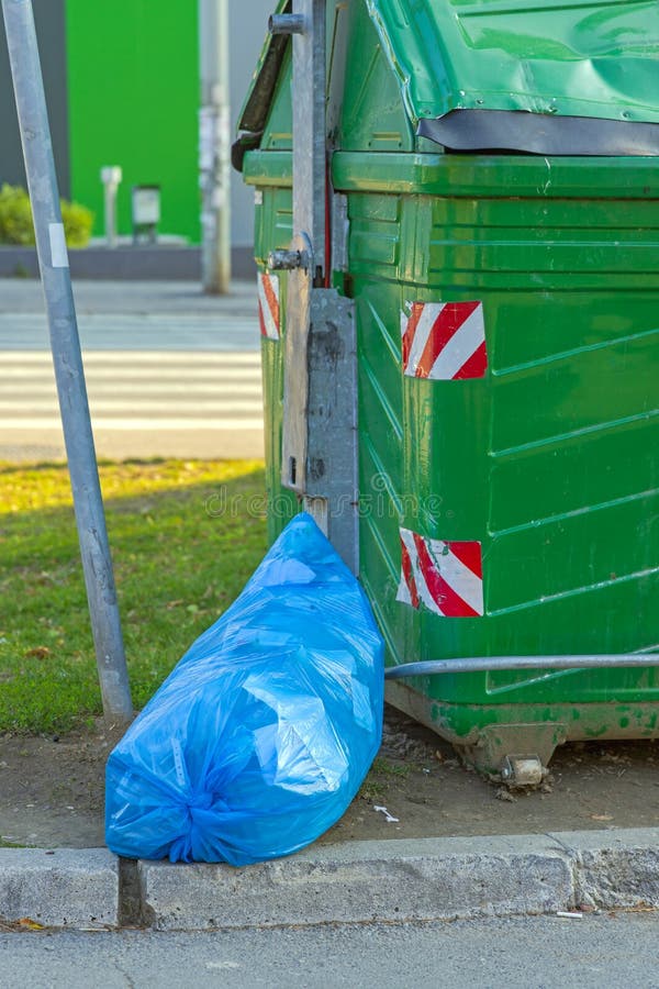 Blue Trash Bag Curb stock photo. Image of recycling - 237779702