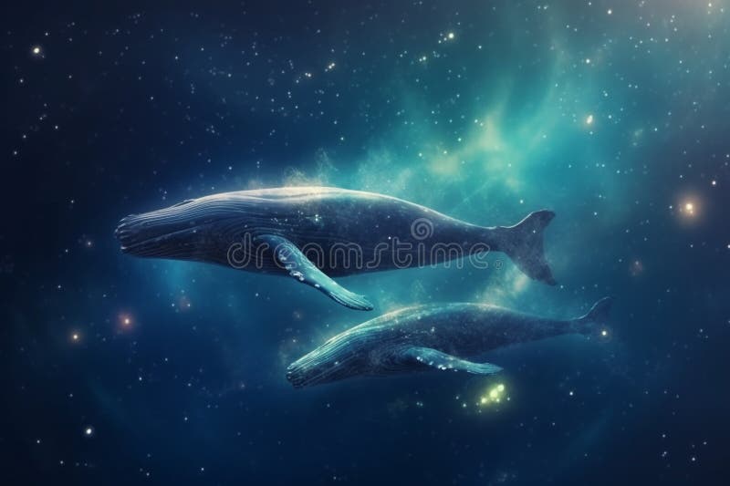Big Blue Whales Floating in Space Background. Generative AI Stock ...