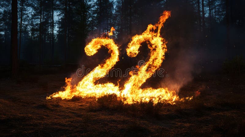 Big Bonfire Creating the Shape of Number 22 in a Dark Forest at Night ...