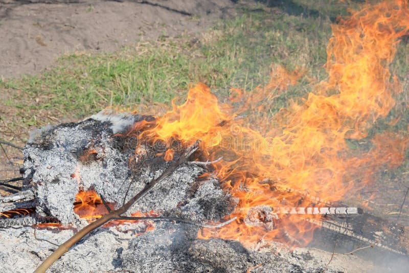 Big Bonfire in the Open Air. a Pile of Ash from Burnt Boards and ...
