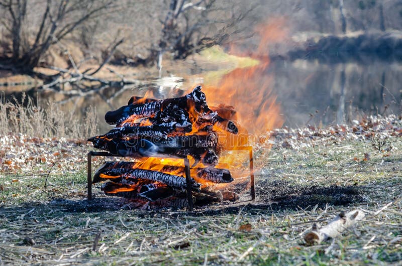 Big Bonfire on the River Bank, Calmness, Rest, Day, Campfire Smoke ...