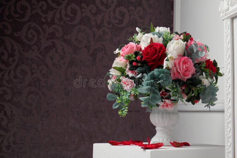 Big Bouquet of Flowers on the Column. Stock Image - Image of green ...
