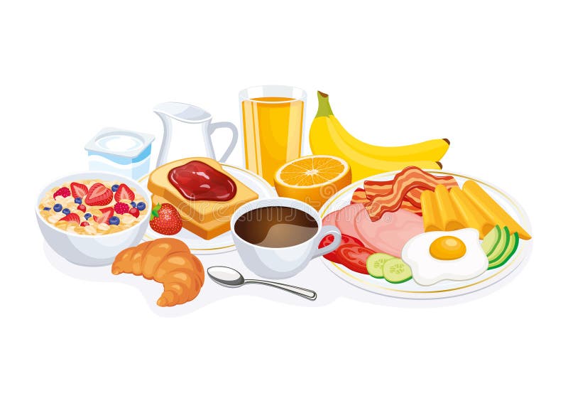 Big Breakfast with Many Food and Drinks Vector Illustration Stock ...