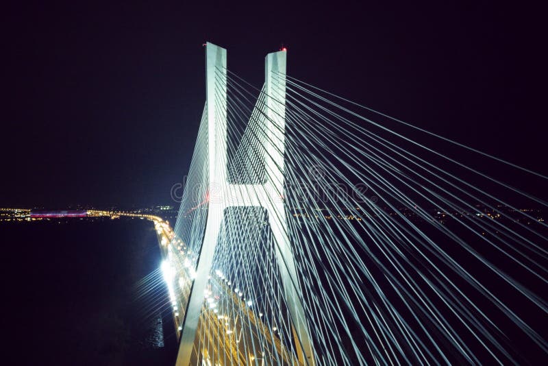 Big Bridge at Night Glows Brightly from a Bird`s Eye View, the ...