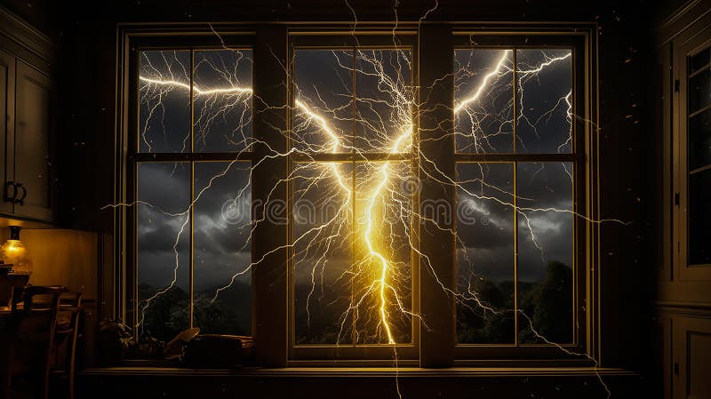 Big and Bright Lightning Strike. Bright Flash Outside the Window of the ...