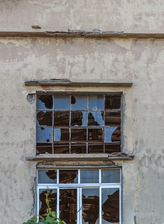 Big Broken Window Glass on Abandoned Building and Cracked Glass Stock ...