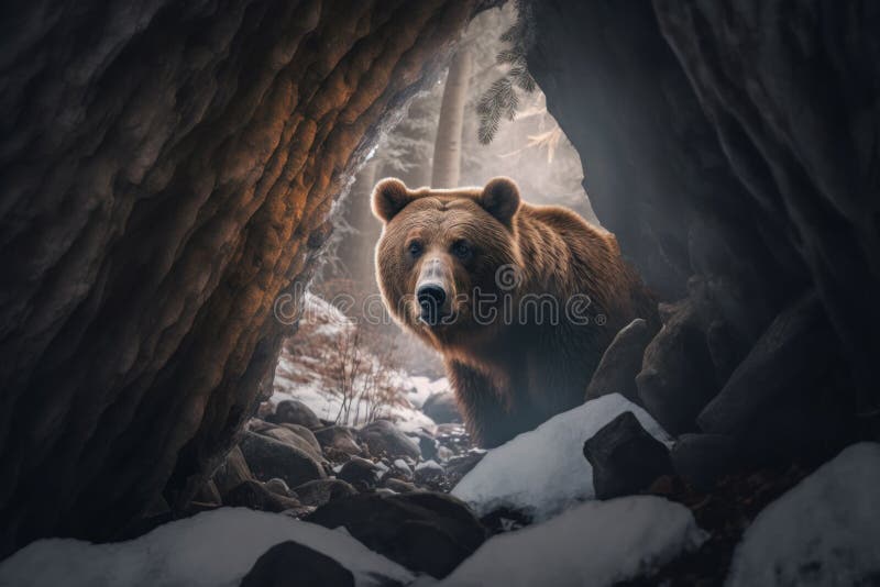 A Big Brown Bear Looks into a Cave or Its Den in Winter. Generative AI ...