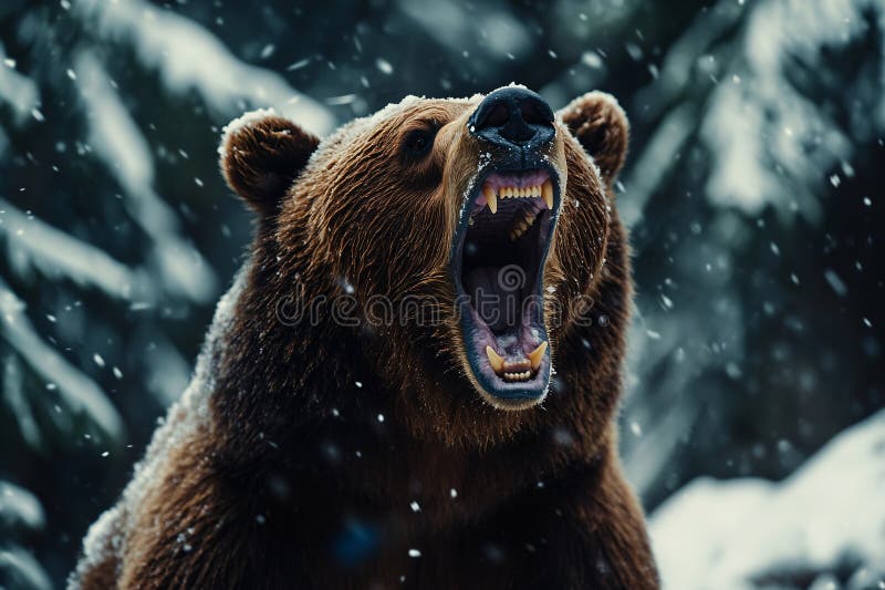 Big Brown Bear Roaring in Winter Forest Stock Illustration ...