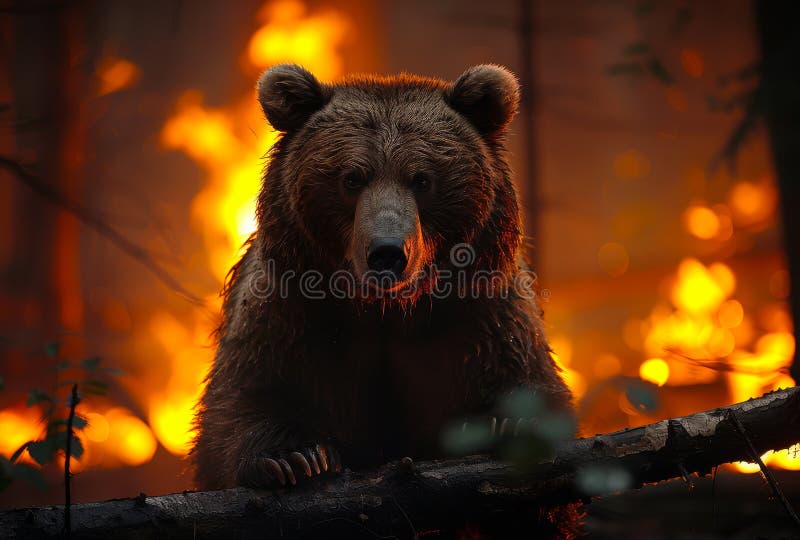 Big Brown Bear Standing on Tree in Front of Forest Fire Stock Image ...