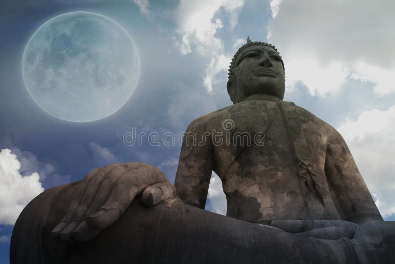 Big Buddha Statue Full Moon Background. Stock Photo - Image of ...