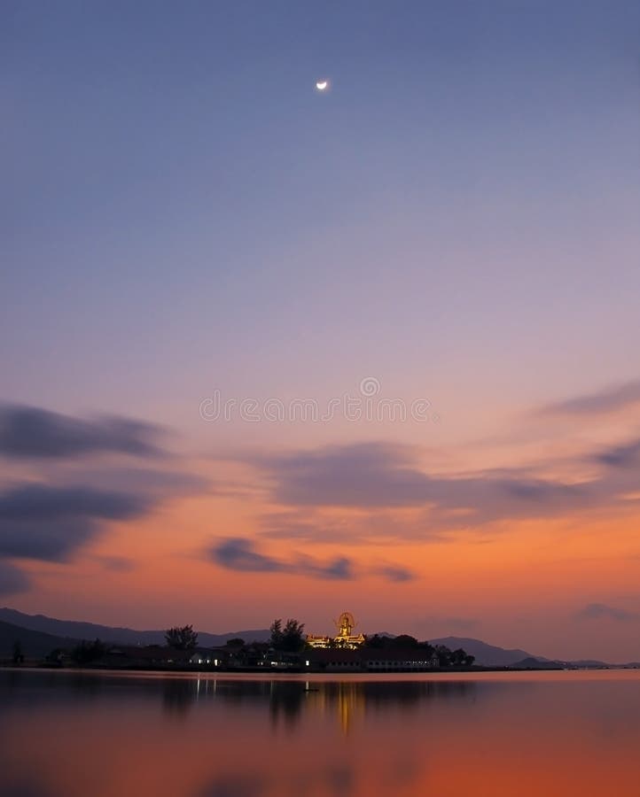 Big Buddha Statue with Sunset Sky and Half Moon, Samui Island Stock ...
