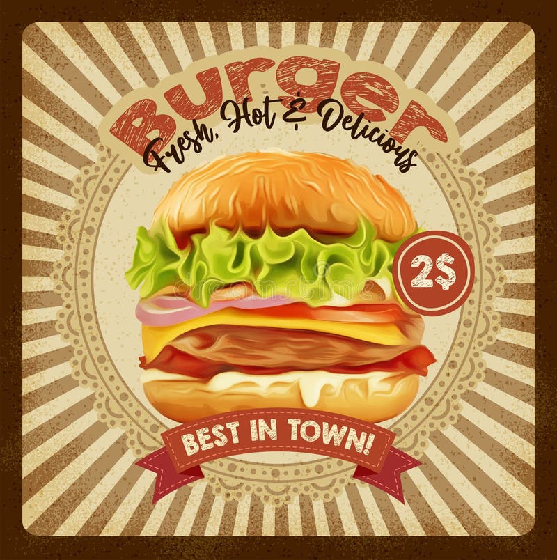 Big Burger, Hamburger Vector Illustration Sketch Retro Style Stock ...