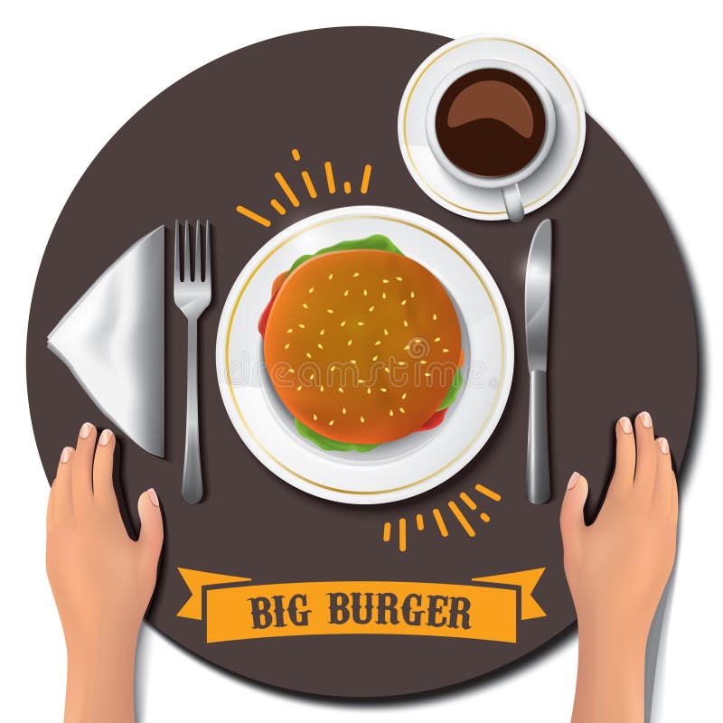 Big Burger on Table with Hands. Vector Illustration Decorative Design ...