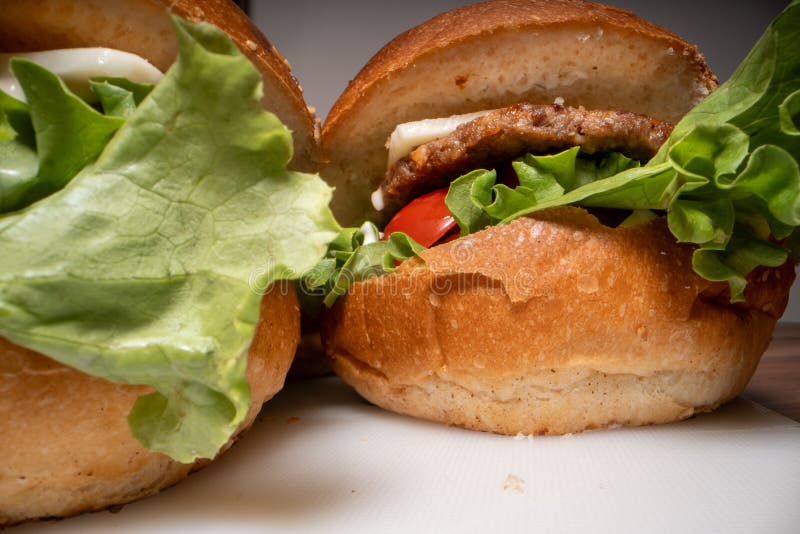 Big Burgers Bottom View, Super Close-up, Cutlet and Vegetables Stock ...