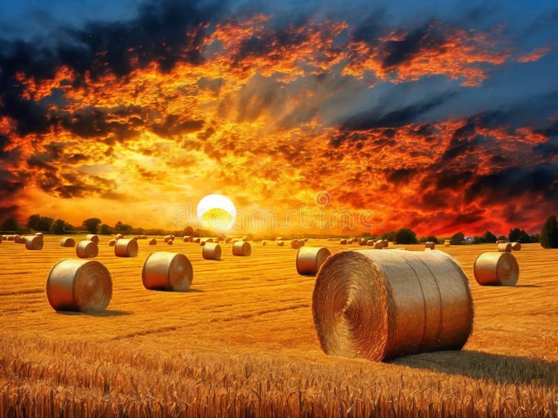 The Big Burning Sunset Over Farm Field with Hay Bales, AI Generated ...