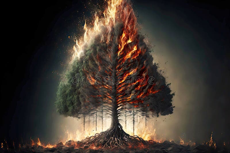 Big Burning Tree during Environmental Disaster with Forest Wildfire ...