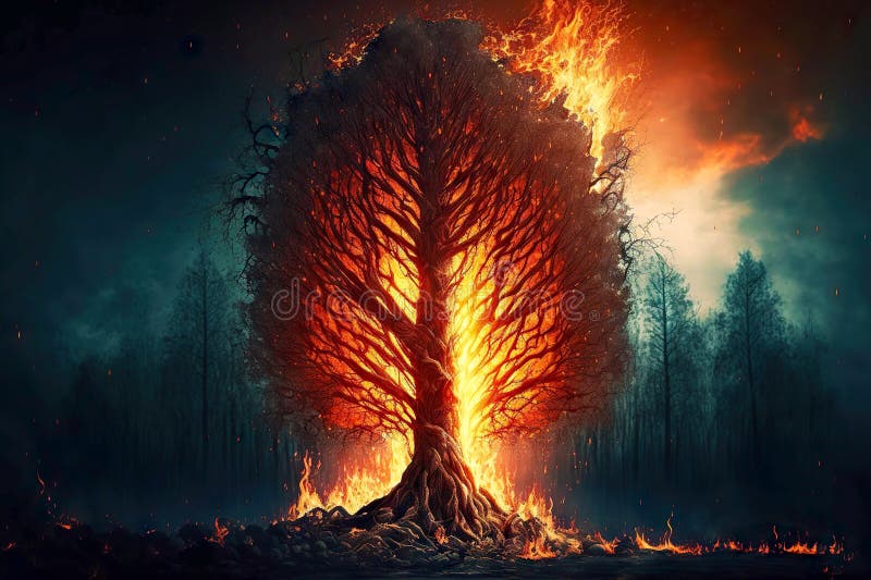 Big Burning Tree during Environmental Disaster with Forest Wildfire ...