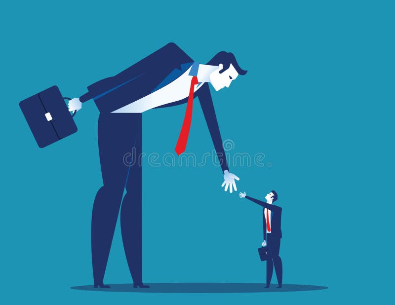Big Business Bending Down To Shake Hand with Small Business. Concept ...