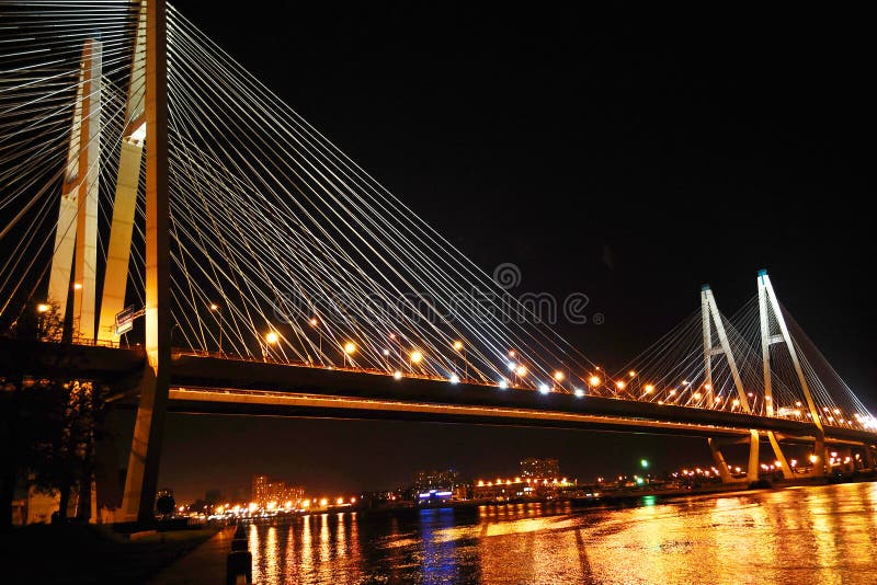 Big Cable-stayed Bridge at Night, St.Petersburg Stock Photo - Image of ...