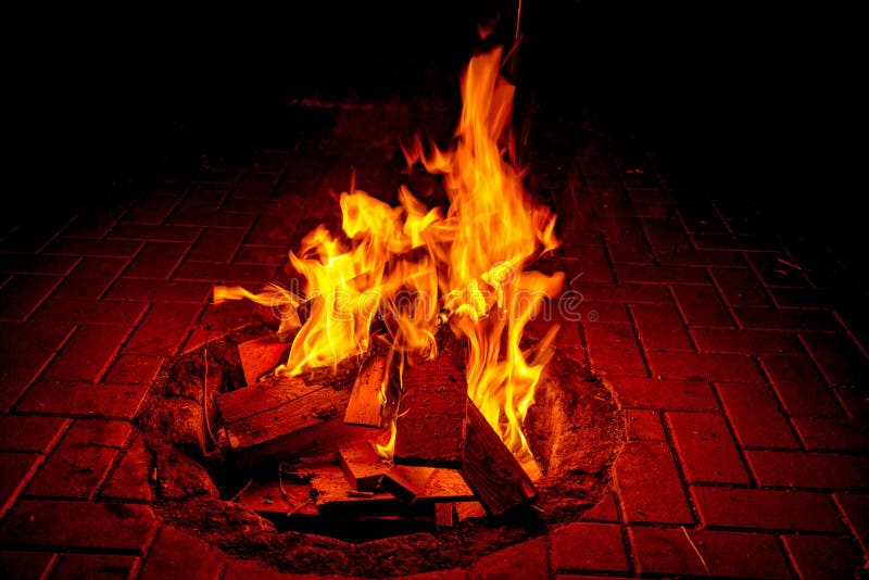Big Campfire in the Garden on the Stone Floor Stock Image - Image of ...
