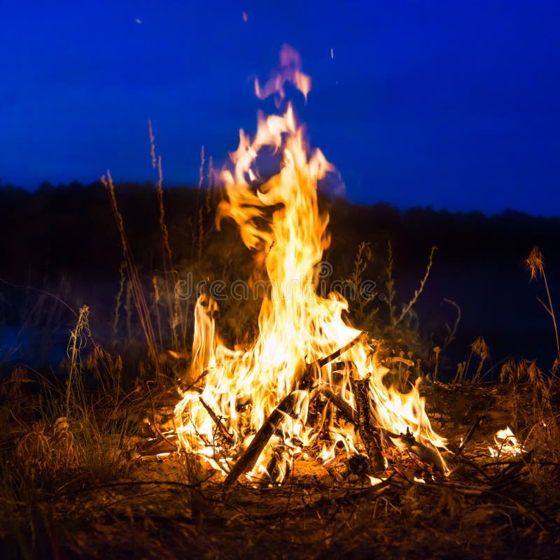 Big Campfire at Night in the Forest Stock Photo - Image of campsite ...