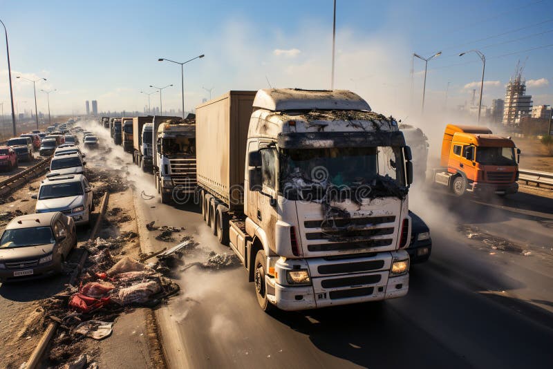 Big Car Crash on the Highway. Truck that is on Fire on the Side of the ...